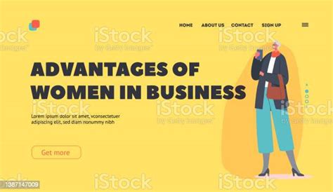 비즈니스 랜딩 페이지 템플릿에서 여성의 장점 수석 백인 사업가 착용 트렌디 한 의류 Brand Name Smart Phone에 대한 스톡 벡터 아트 및 기타 이미지