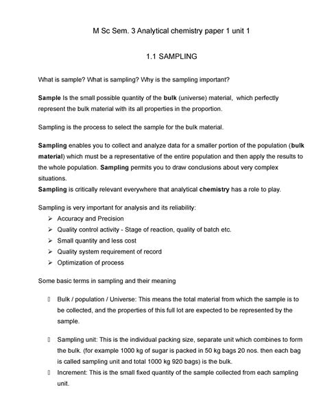 Sampling Points Notes M Sc Sem Analytical Chemistry Paper Unit SAMPLING What Is