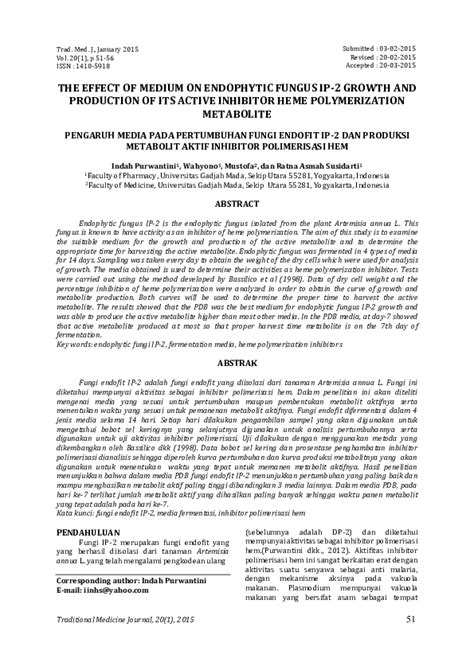 Pdf Pengaruh Media Pada Pertumbuhan Fungi Endofit Ip 2 Dan Produksi