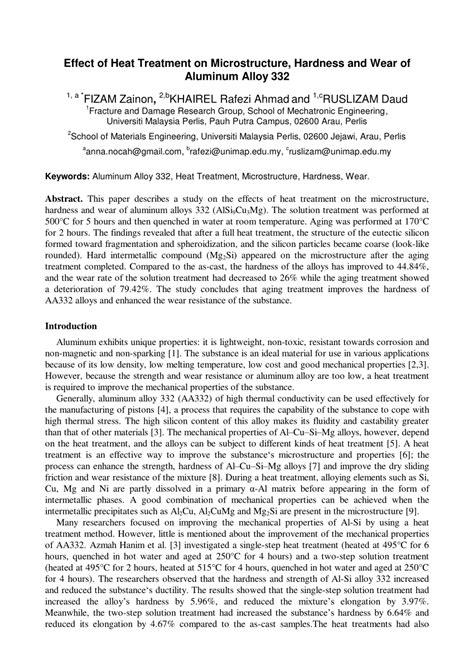Pdf Effect Of Heat Treatment On Microstructure Hardness And Wear Of Aluminum Alloy 332