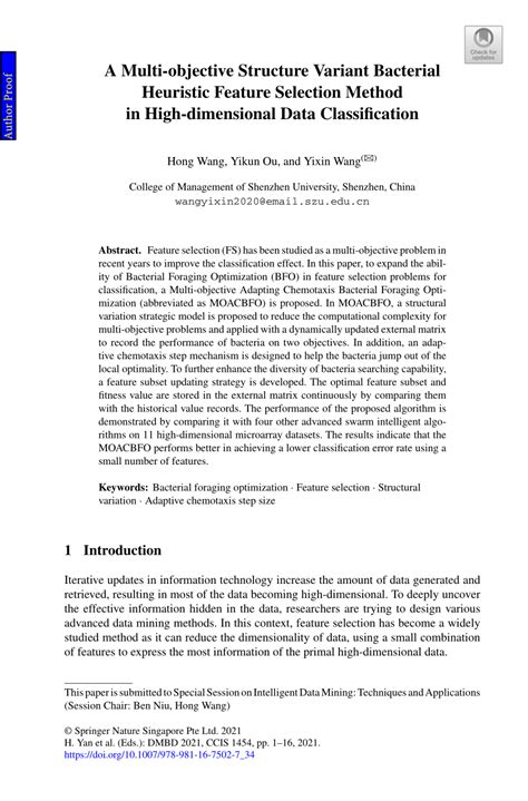 PDF A Multi Objective Structure Variant Bacterial Heuristic Feature Selection Method In High