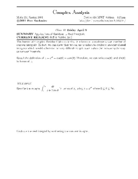 Complex Analysis Applications Of Residues To Real Integrals Worksheet For Higher Ed Lesson Planet