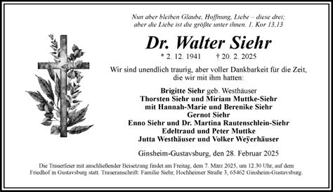 Traueranzeigen Von Walter Siehr Vrm Trauer De