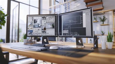 Modern Home Design On Cad Displayed In A Bright And Tidy Office With Triple Monitor Setup Stock