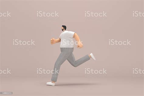 회색 코듀로이 바지와 화이트 칼라 티셔츠를 입은 수염을 가진 남자 연기에서 만화 캐릭터의 3d 일러스트 레이터 그는 달리고있다 3차원 형태에 대한 스톡 사진 및 기타 이미지