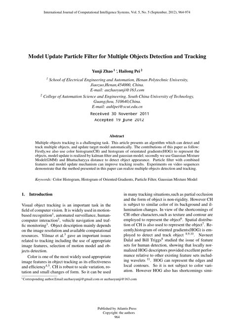 Pdf Model Update Particle Filter For Multiple Objects Detection And Tracking