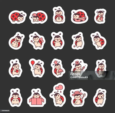 미소와 웃음부터 마법 사용 요리 정원 가꾸기 귀여운 만화 스타일로 다양한 매력적인 순간을 즐기는 것까지 귀여운 감정과 행동을 보여주는 무당벌레 캐릭터 세트입니다 가공의