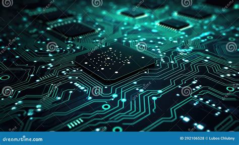 Futuristic Neon Microprocessor On Blue Background Integrated Microchip Stock Illustration