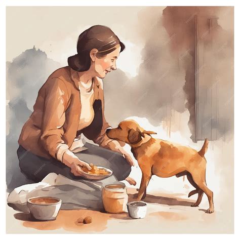 Premium Vector Lady Feeding Poor Dog Watercolour Vector Illustration