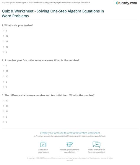 Quiz And Worksheet Solving One Step Algebra Equations In Word Problems