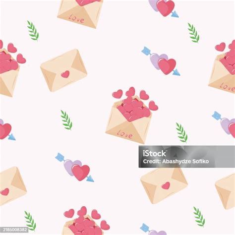 연애 편지 봉투 하트 및 녹지가 있는 완벽한 패턴 해피 발렌타인 데이 로맨스 사랑 컨셉 제품 디자인 스크랩북 섬유 포장지에 적합합니다 주당순이익 10 2월에 대한 스톡 벡터
