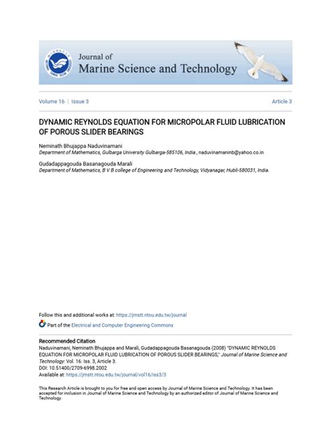 Dynamic Reynolds Equation For Micropolar Fluid Lubrication Of Por Pdf