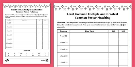 Sixth Grade Least Common Multiple And Greatest Common Factor Matching