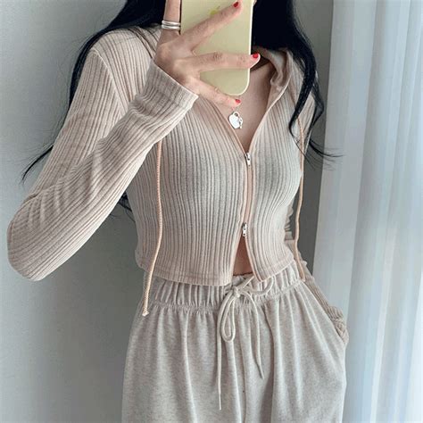 얇은 골지 니트 후드 크롭 투웨이 집업 에이블리