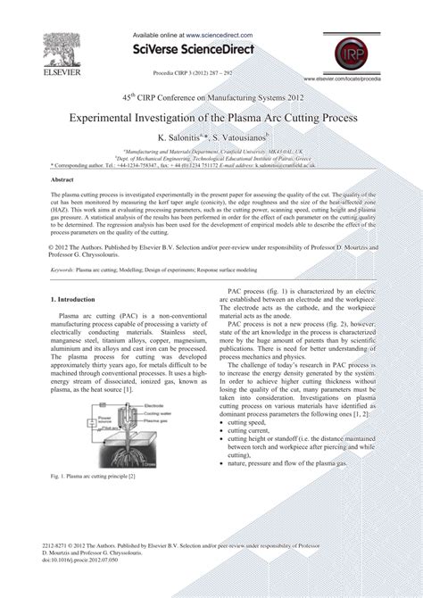 pdf experimental investigation of the plasma arc cutting process