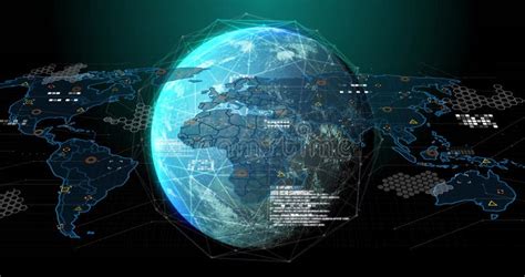 digital world map and data visualization image over rotating globe