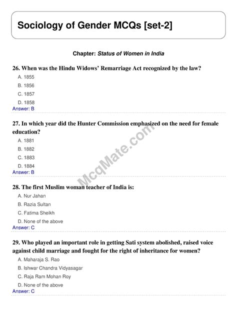 Sociology Of Gender Chapter Status Of Women In India Solved MCQs Set Mcq Mate Com