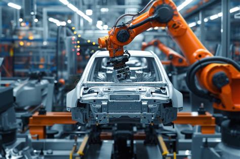 Auto Industry Robots Assemble Cars On High Tech Assembly Line In Modern