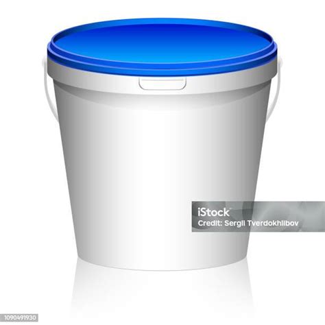흰색 플라스틱 양동이 파란색 뚜껑을 설정합니다 제품 포장 식품 식료품 또는 페인트 프라이 머 이랑 디자인에 대 한 템플릿입니다 3차원 형태에 대한 스톡 벡터 아트 및 기타