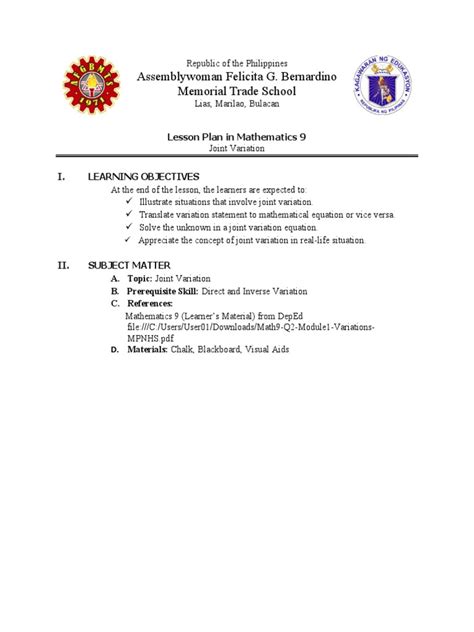 lesson plan joint variation pdf area variable mathematics