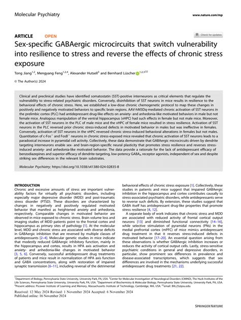 Pdf Sex Specific Gabaergic Microcircuits That Switch Vulnerability Into Resilience To Stress
