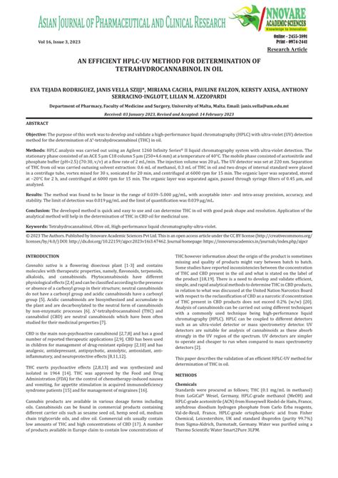 Pdf An Efficient Hplc Uv Method For Determination Of Tetrahydrocannabinol In Oil