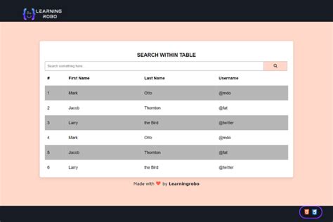 Table With Search Bar Html Template