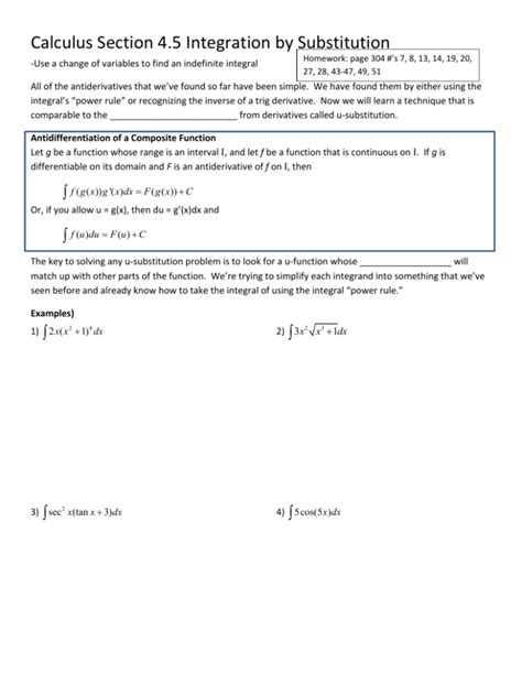 calculus integration by substitution worksheet