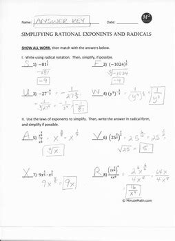 Simplifying Rational Exponents And Radicals Worksheet With Answer Key