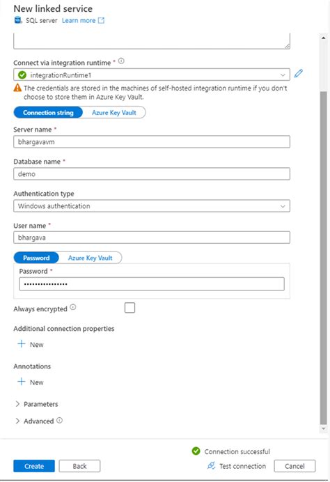 unable to create a linked service on azure data factory to connect to