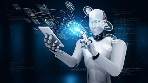 Premium Photo Robot Hominoid Use Mobile Phone Or Tablet For Big Data Analytic