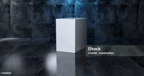 간단한 기본 도형을 추상화 블루 라이트 3d 렌더링 현실적인 구체적인 암실 질감에 흰색 사각형 모양 프리즘에 대한 스톡 사진 및