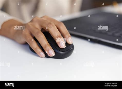 Bipoc Woman Works On Computer In An Office Black Female Clicking With