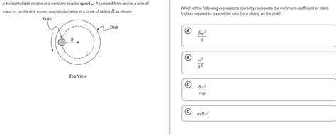 a horizontal disk rotates at a constant angular speed ω as viewed from a
