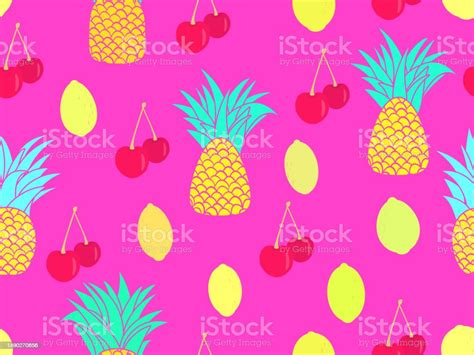 파인애플 체리 레몬을 곁들인 과일 향이 나는 이음매 없는 패턴 열대 여름 과일 패턴입니다 종이 월페이퍼 및 배너에 인쇄하기 위한 디자인 벡터 그림 0명에 대한 스톡 벡터