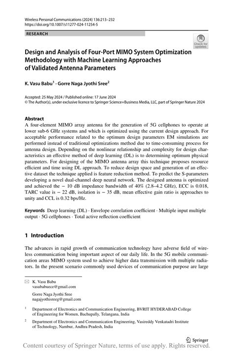 Design And Analysis Of Four Port MIMO System Optimization Methodology With Machine Learning
