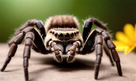 A Hairy Brown Spider With Eight Legs And Many Eyes Is Crawling Across