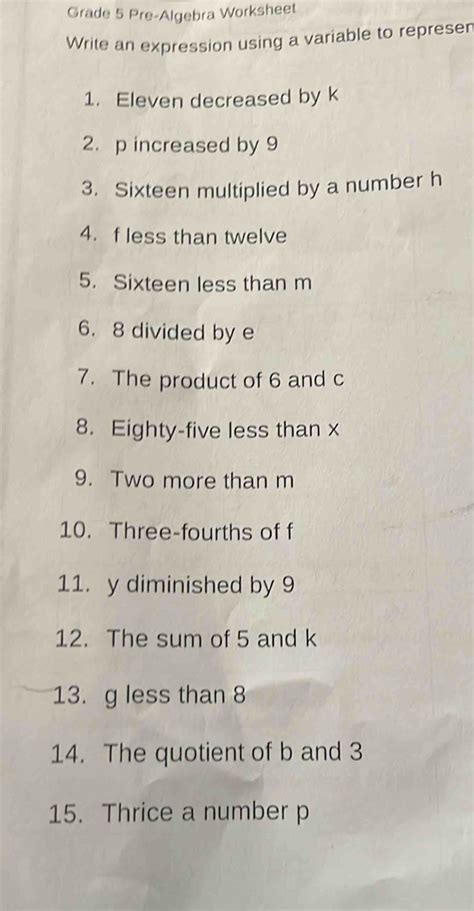 grade 5 pre algebra worksheet write an expression using a variable to represen 1 eleven [math]