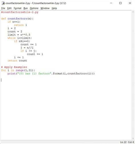 python code for counting the number of factors of a number using while