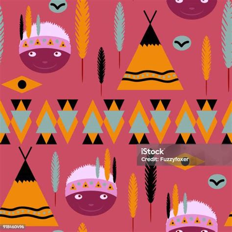 원활한 아이 귀여운 아메리칸 인디언 네이티브 레트로 배경 패턴 고풍스런에 대한 스톡 벡터 아트 및 기타 이미지 고풍스런