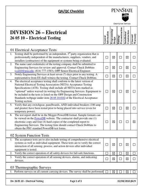 26 05 10 Electrical Testing Qa Qc Pdf Electric Power Electromagnetism