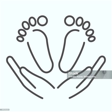 아기 발을 손에 얇은 선 아이콘 엄마는 흰색에 고립 된 아이 발 벡터 그림을 보유하고 있습니다 웹 및 응용 프로그램을 위해 디자인 된 베이비 케어 개요 스타일 디자인 Eps