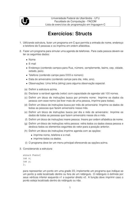 Pdf Exerc´ıcios Structs · 8fac¸a Um Programa Que Armazene Em Um