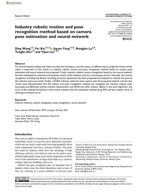 Pdf Industry Robotic Motion And Pose Recognition Method Based On Camera Pose Estimation And
