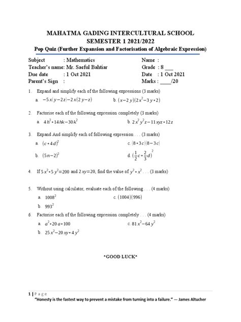 G8 2020 2021 Pop Quiz Further Expansion And Factorisation Of Algebraic Expressions Pdf
