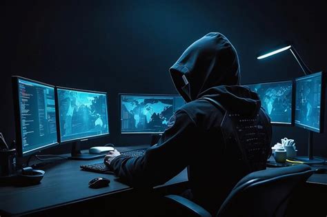 Um Hacker Sentado Em Sua Mesa No Escuro Com Vários Monitores Em Que Ele