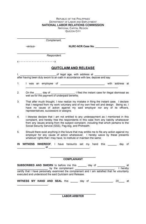 F0027 Nlrc Quitclaim Release Form Republic Of The Philippines
