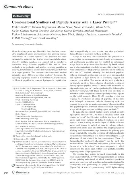 Pdf Combinatorial Synthesis Of Peptide Arrays With A Laser Printer
