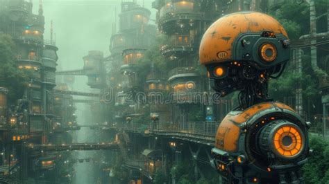 Exploring The Future With Industrial Robots In A Futuristic Cityscape