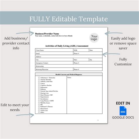 Adl Assessment Activities Of Daily Living Checklist Care Plan Ot